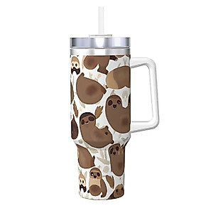 HULIBIN Brown Sloth Print Double Deck Stainless Steel Travel Coffee Cup With Lid 40 Oz Ice Bully Cup