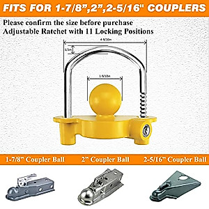 Funmit Trailer Lock Universal Coupler Ball Lock Fits 1-7/8", 2", and 2-5/16" Couplers, Boat Camper Accessories for Travel Trailers Adjustable Heavy-Duty Steel Hitch Lock Yellow