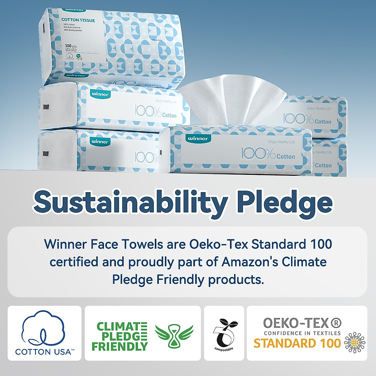 Winner Soft Face Towels - 100% USA Cotton Dry Wipes, 600 Count Unscented Cotton Tissues for Sensitive Skin, OEKO-TEX Certified Face Towelettes Disposable, Makeup Remover Facial Towels, 6 Pack