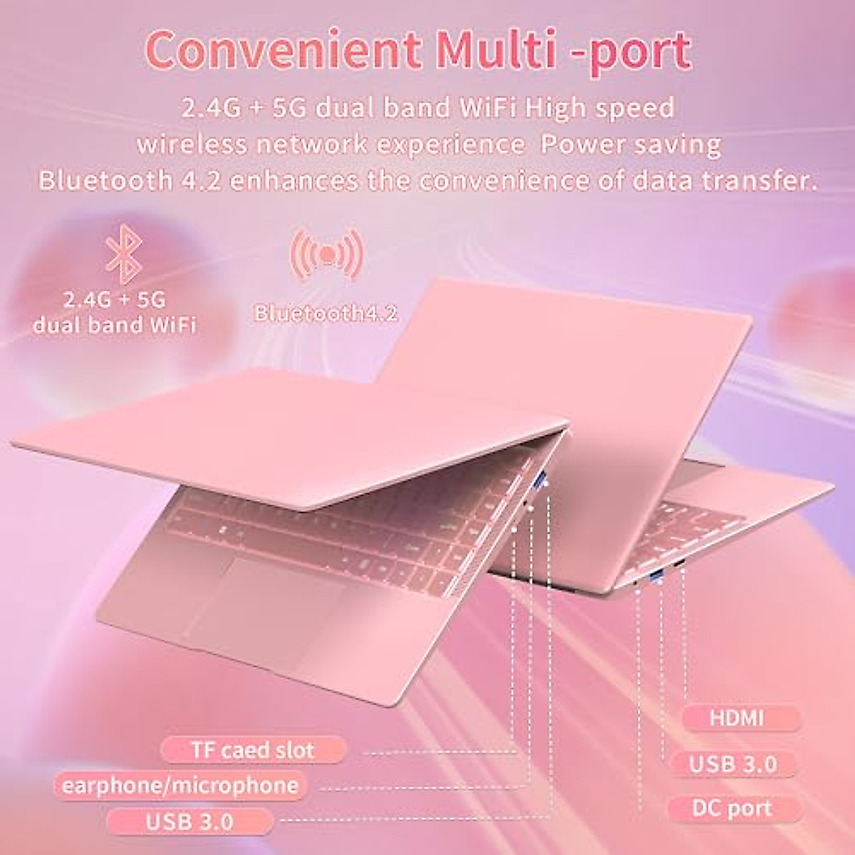 【Win 11 Pro/Office 2019】14" Laptop Narrow-Bezel FHD IPS 1920 x 1080 Display, 6G RAM,256GB SSD, Celeron J4105 CPU, Ultra-Thin and Portable, HDMI, 180 °Opening and Closing (6G+256GB SSD, Rose Gold)