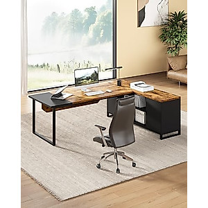 LITTLE TREE 70.8 Inches Executive Desk and 55 Inches File Cabinet Combo, Large L Shaped Computer Desk with Storage Cabinet and Shelves, Modern Business Furniture for Home Office, Rustic Brown & Black