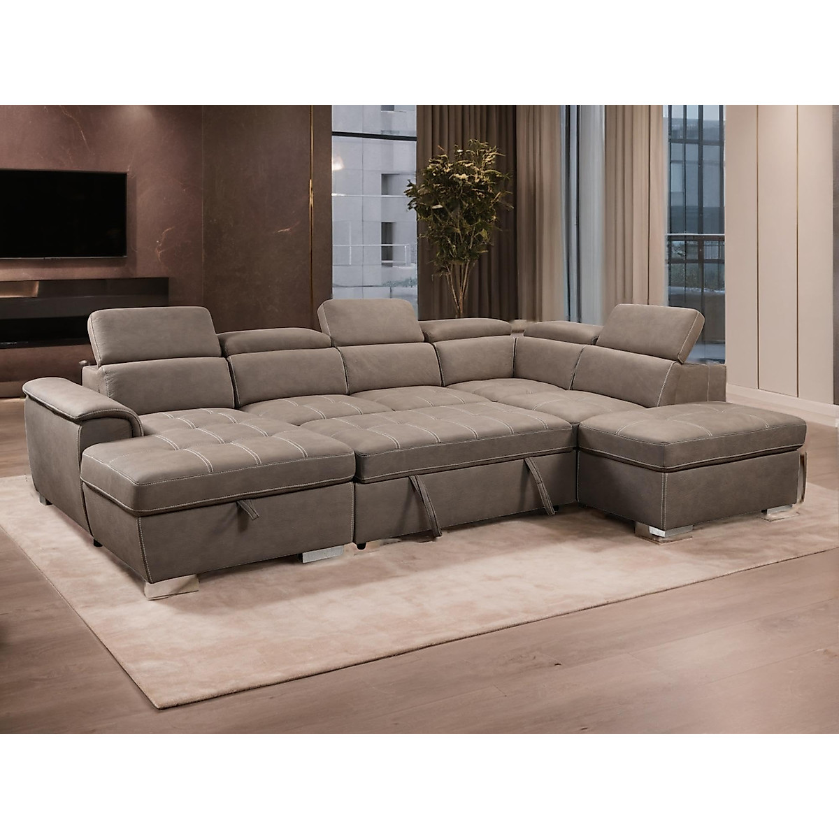 THSUPER 127'' Microfiber Oversized U-Shaped Sectional Sleeper Sofa Couch with Pullout Bed, 7 Seats Couch with Adjustable Headrests, Sofa with Storage Chaise and Ottoman for Living Room. Light Brown