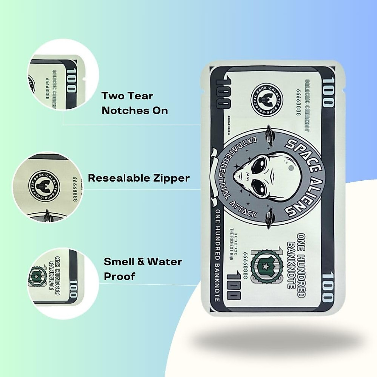 Generic 100 Pack Money Designed Space Aliens Storage Baggies Resealable 3.5 Gram Snack Candy Bags 3.15 x 5.5 inches