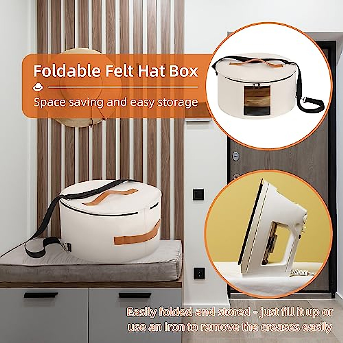 Ohiyoo Hat Box Hat Storage Box 16'' x 8'' Travel Hat Box Hat Boxes with Lids Round Hat Boxes for Women Storage Hat Foldable Box for Travel Stuffed Animal Toy Storage Bin with Lid (White)