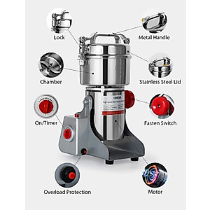 1000g Electric Grain Mill Grinder 2800W High Speed Powder Grinder Machine Stainless Steel Commercial Pulverizer Grinding Machine for Kitchen Pepper Coffee Corn