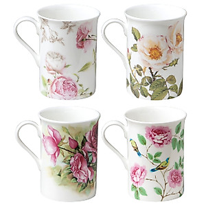 Grace Teaware Bone China Coffee Tea Mugs 9-Ounce, Assorted Set of 4 (Rose Petal Garden)