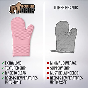GORILLA GRIP BPA-Free Soft Silicone Oven Mitts, Heat and Slip Resistant Thick Cotton Lined Cooking Mitt Set, Long Flexible Potholders Protect Hands, Kitchen Essential Waterproof Gloves, 12.5" Pink