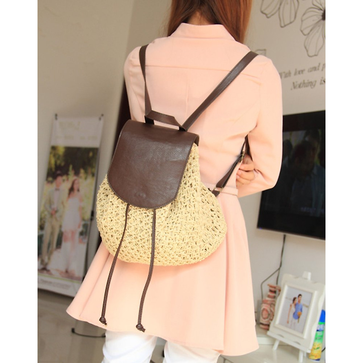 TONWHAR® Paper String Woven Purse Straw Backpack for Beach (Beige)