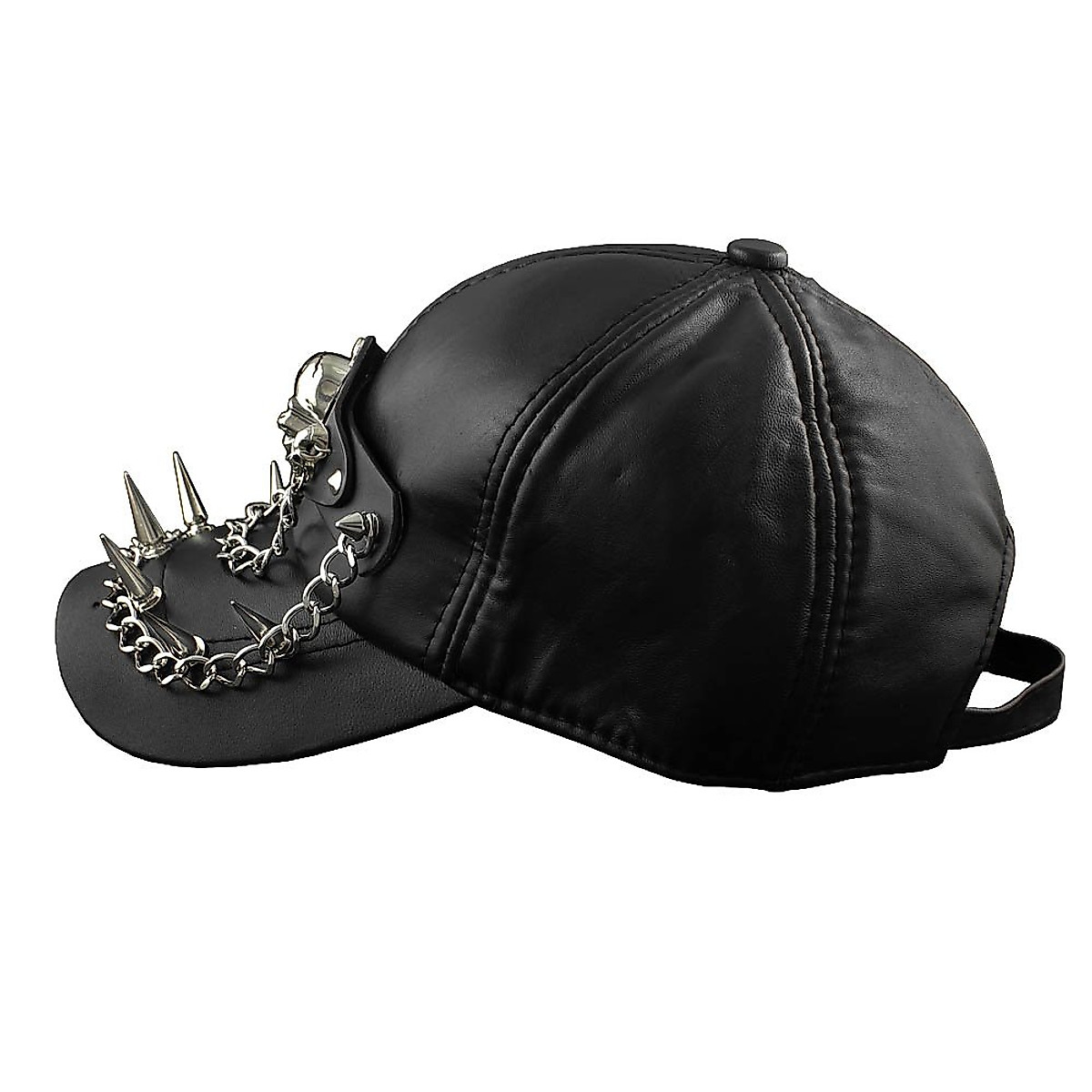 Cool Spike Goth Skull Real Leather Cap Bassbal Hat Men's Biker Punk Rock Black