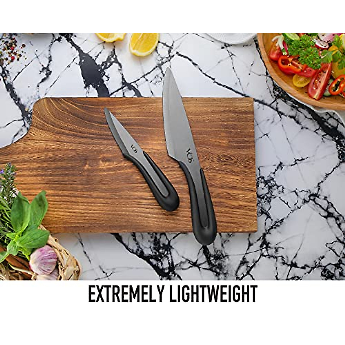 Vos Ceramic Knife Set with Covers 2 Pcs - 5" Santoku Knife, 3" Paring Knife and 2 Black Covers - Advanced Kitchen Knives for Cutting, Chopping, Slicing, Dicing with Ergonomic Unique Handles