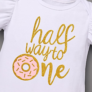 IBTOM CASTLE Newborn Toddler Baby Kid Girls Big Sister Outfits Clothing Set 1st Birthday Donut Letter Print Party Dress up 4Pcs Photo Cake Smash Formal Suit Donut Gold-half way to one 6 Months