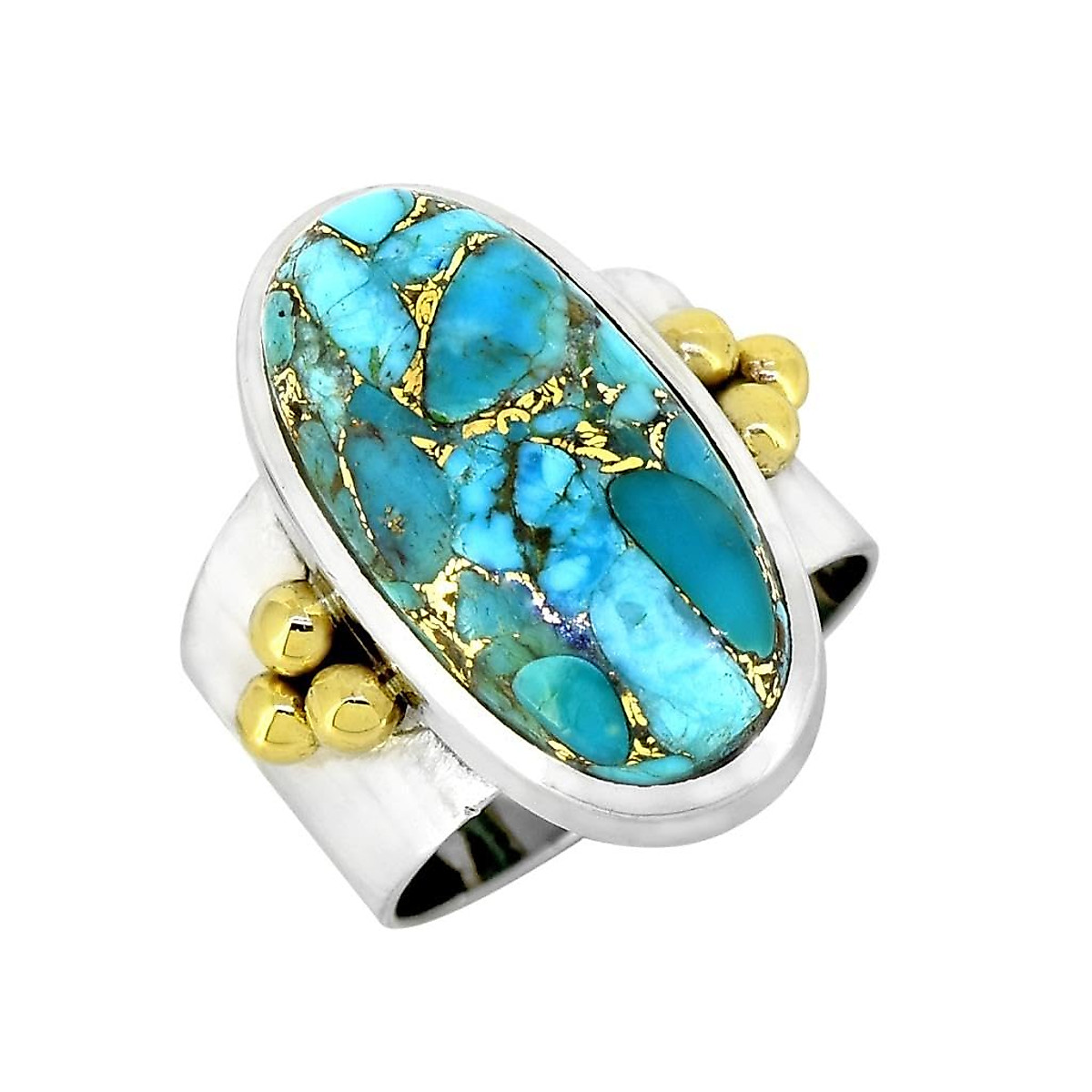YoTreasure Blue Copper Turquoise Bold Ring .925 Sterling Silver with Brass Accents