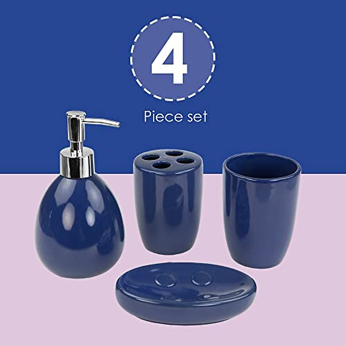4-Piece Ceramic Bathroom Set (Navy), By Home Basics | Contemporary Design Bathroom Sets | Bath Accessories For Bathroom | Includes Soap Dish, Tumbler, Toothbrush Holder, and Lotion Dispenser