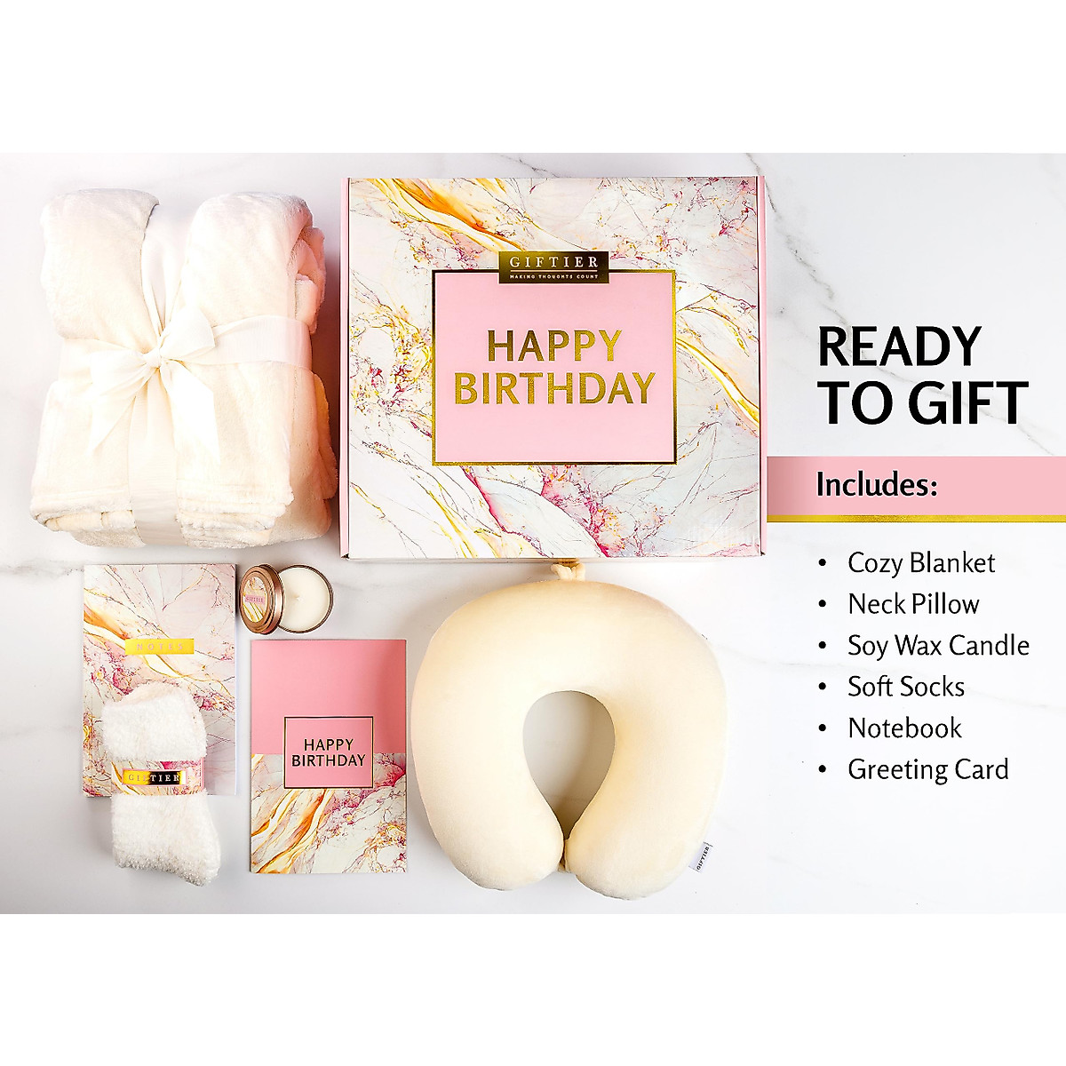 Birthday Gift Basket for Women - Happy Birthday Gift Basket For Her w/Memory Foam Pillow, Blanket, Candle, Socks, Journal, and Card - Curated Birthday Gift Set and Happy Birthday Gift Box for Women