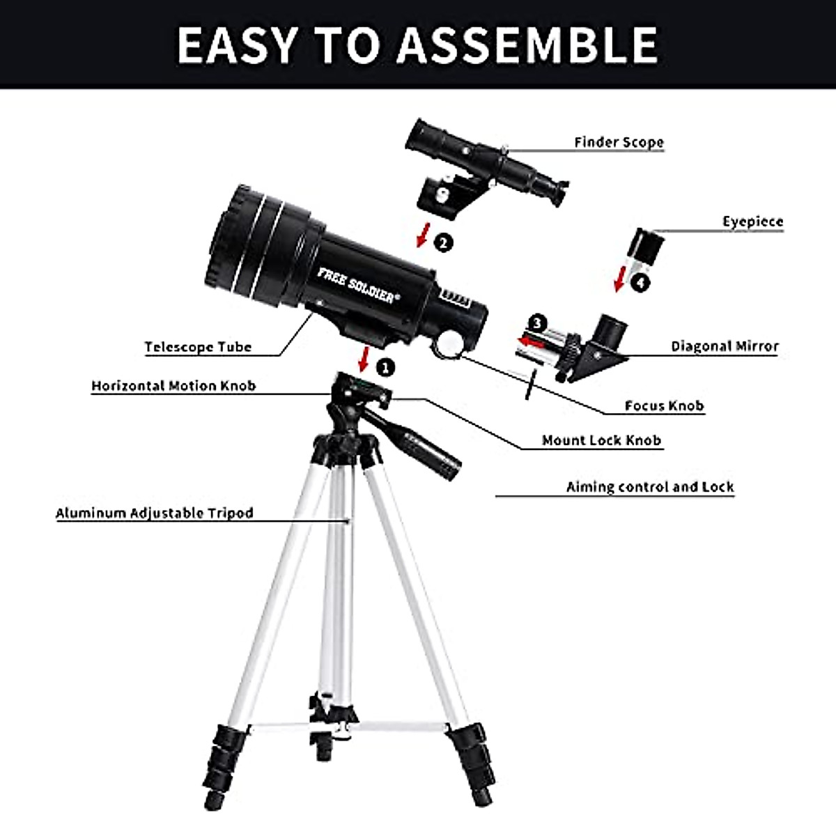 Telescope for Kids Adults Beginners - 70mm Aperture Refractor Telescope for Stargazing with Adjustable Tripod Phone Adapter Wireless Remote Perfect Christmas Astronomy Gifts for Kids, Black