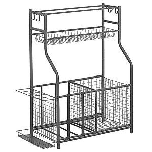 mDesign Metal Heavy Duty Garage Storage System Rack with Top Shelf, Multi-Purpose Sporting Goods Storage with Multiple Compartments, Baskets and Hooks - Holds Equipment, Balls, Bats - Graphite Gray