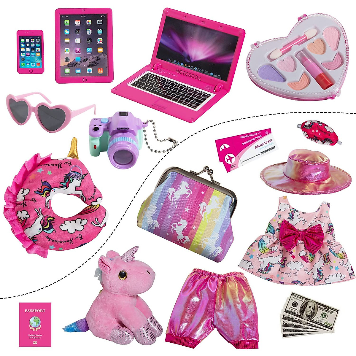 HOAKWA American 18 Inch Doll Accessories Suitcase Travel Set, 18 Inch Doll Clothes and Accessories, Doll Suitcase Include Case, Doll Outfits, Hat, Sunglasses, Camera, Unicorn Pillow, Toy Pet, etc