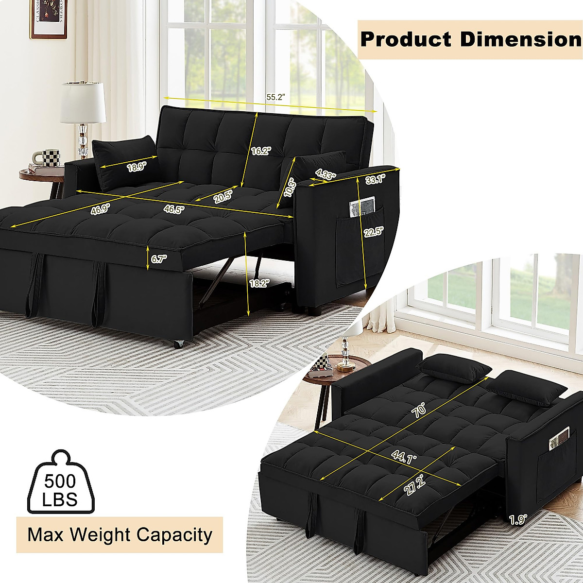 Suheww Black Pull Out Sofa Bed, 3 in 1 Convertible Small Couch for Bedroom,2 Seater Sofa Cama with Adjustable Backrest Velvet Futon Chaise Lounge for Small Spaces Living Room Office