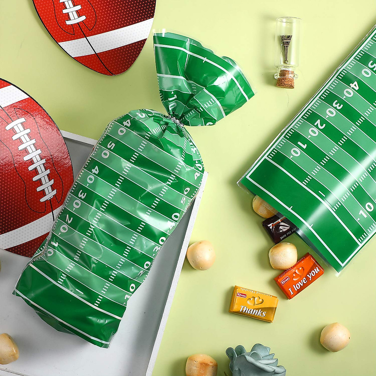 100 Pieces Football Field Plastic Cellophane Treat Bags Wide Bottom Heat Sealable Candy Bags Football Gift Bags with 100 Pieces Silver Twist Ties for Football Party Favor, 11 x 5 x 3 Inch