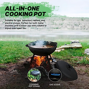 Kazan Uzbek Cast Iron Kazan for Plov Making Cookware Insulated Double Handle Pan Wide Mouth Cast Iron Dutch Oven, Outdoor Cooking Frying Pot, Lodge Cast Iron Skillet, 22 L