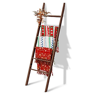 6-Tier Blanket Ladder Wooden, 5.7FT(66.5'') Blanket Quilt Towel Holder Rack Decorative Ladder, Easy Assembly, Rustic Farmhouse Ladder Shelf for The Living Room Bedroom Bathroom Home Decor, Brown