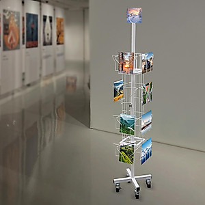 Vintoro Storage Stand Assistant, 360° Rotating Greeting Card Rack with 4 Universal Wheels,16-Pocket Display Stand Spinning, 31.5*12.6*5.12in,for Classroom Office Library Craft Show, White