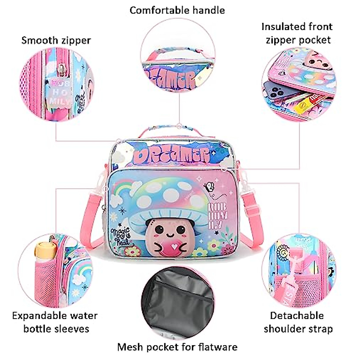 Robhomily Mushroom Girls Backpack with Lunch Box for Elementary School