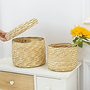 Cabilock Laundry Basket Woven Wheat- Straw Bin Straw Woven Storage sundries storage basket stationery storage basket decorative woven basket Baskets with Lid Wicker Serving Basket Classroom Decor