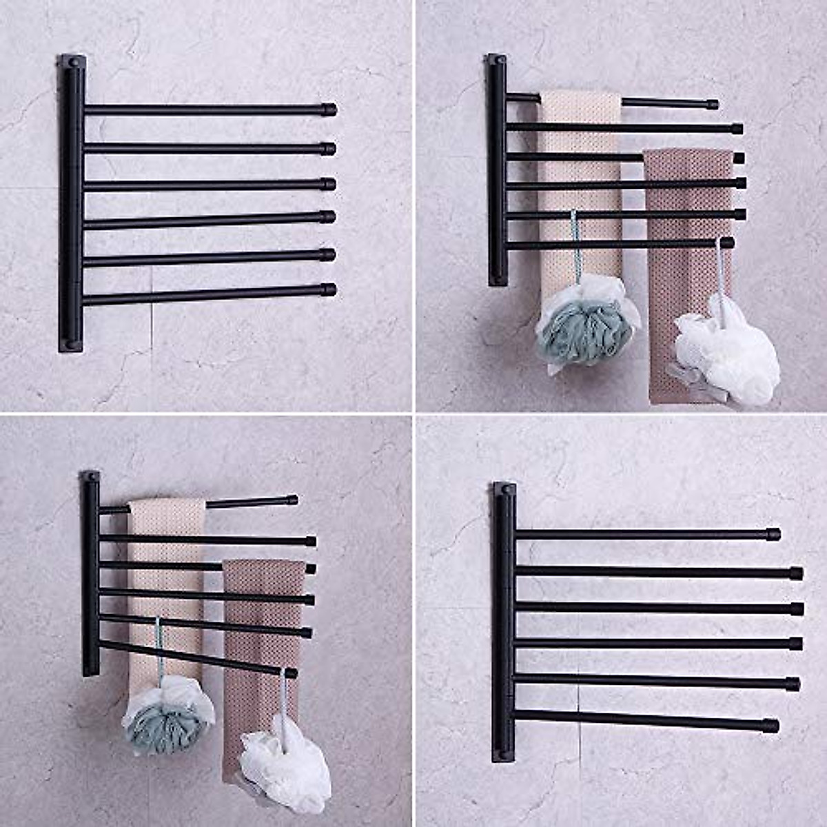 GERZWY Bathroom Swing Arm Towel Bars Wall Mount Bath Towel Rack with 6 Arms Hanger Towel Holder Organizer SUS 304 Stainless Steel Matte Black HYG06-BK