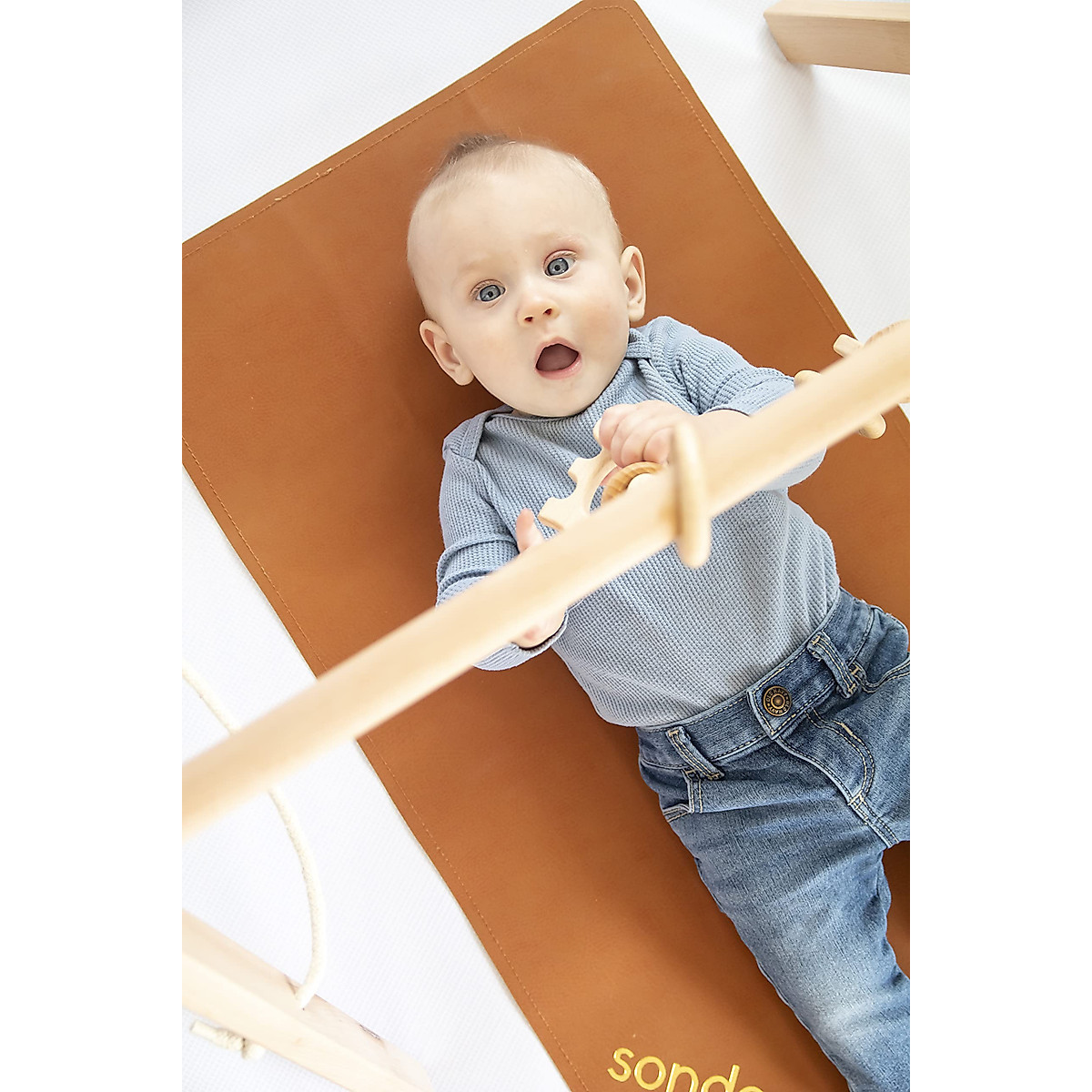 SONDER Double Sided Vegan Leather Changing Mat - Infant and Toddler Multipurpose Portable Waterproof Diaper Pad - Compact for Travel - Deluxe Diaper Changer (14" x 22", Sugar Almond + Honey Gold)