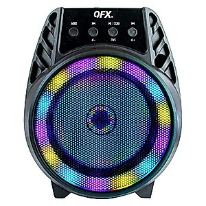 QFX BT-64 TWS Bluetooth Rechargeable Portable Speaker with 4” Woofer LED Party Lights, Microphone Input, AUX Input, USB Port, TF Card Slot, Black