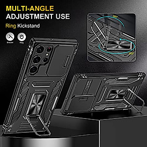 LKPINGAN for Samsung Galaxy S22 Ultra 5G Case with Slide Camera Cover &360 Degree Rotating Ring Kickstand, Military Grade Drop Protection Rugged Shockproof Case for Galaxy S22 Ultra 6.8 Inch Black