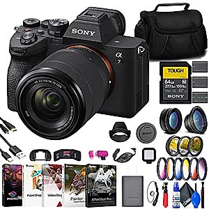 Sony a7 IV Mirrorless Camera with 28-70mm Lens (ILCE-7M4K/B) + 64GB Memory Card + Filter Kit + Wide Angle Lens + Telephoto Lens + Color Filter Kit + Lens Hood + Bag + More (Renewed)