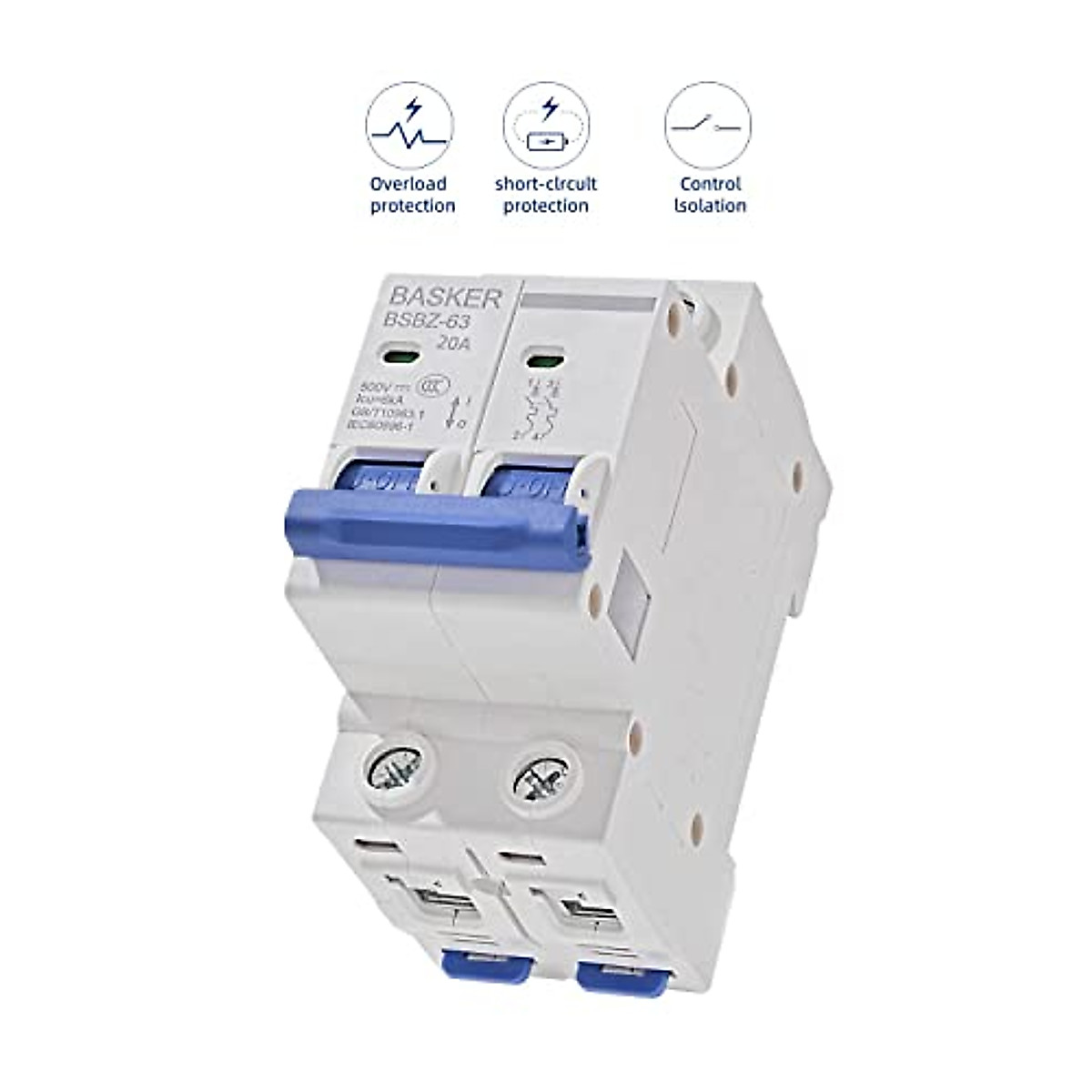 BASKER DC Circuit Breaker, 20Amp 2 Poles 500V Solar Disconnect Switch for Solar PV System Solar Panels Grid System, DIN Rail Mount, DC Breaker MCB (20A)