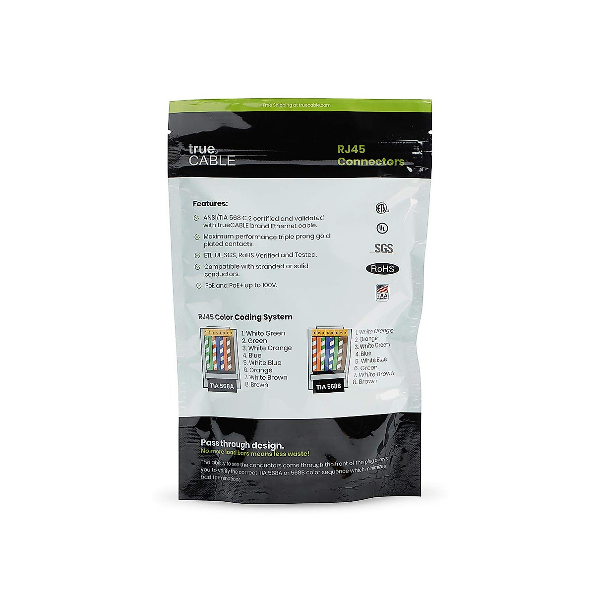 trueCABLE Cat5e RJ45 Pass Through Connectors, Unshielded (UTP) Modular Plug, UL Listed, EZ Crimp End, Gold Plated 3 Prong 8P8C, 100 Pieces