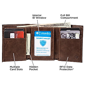 Columbia Men's RFID Genuine Leather Trifold Wallet With ID Window, Credit Card Pockets