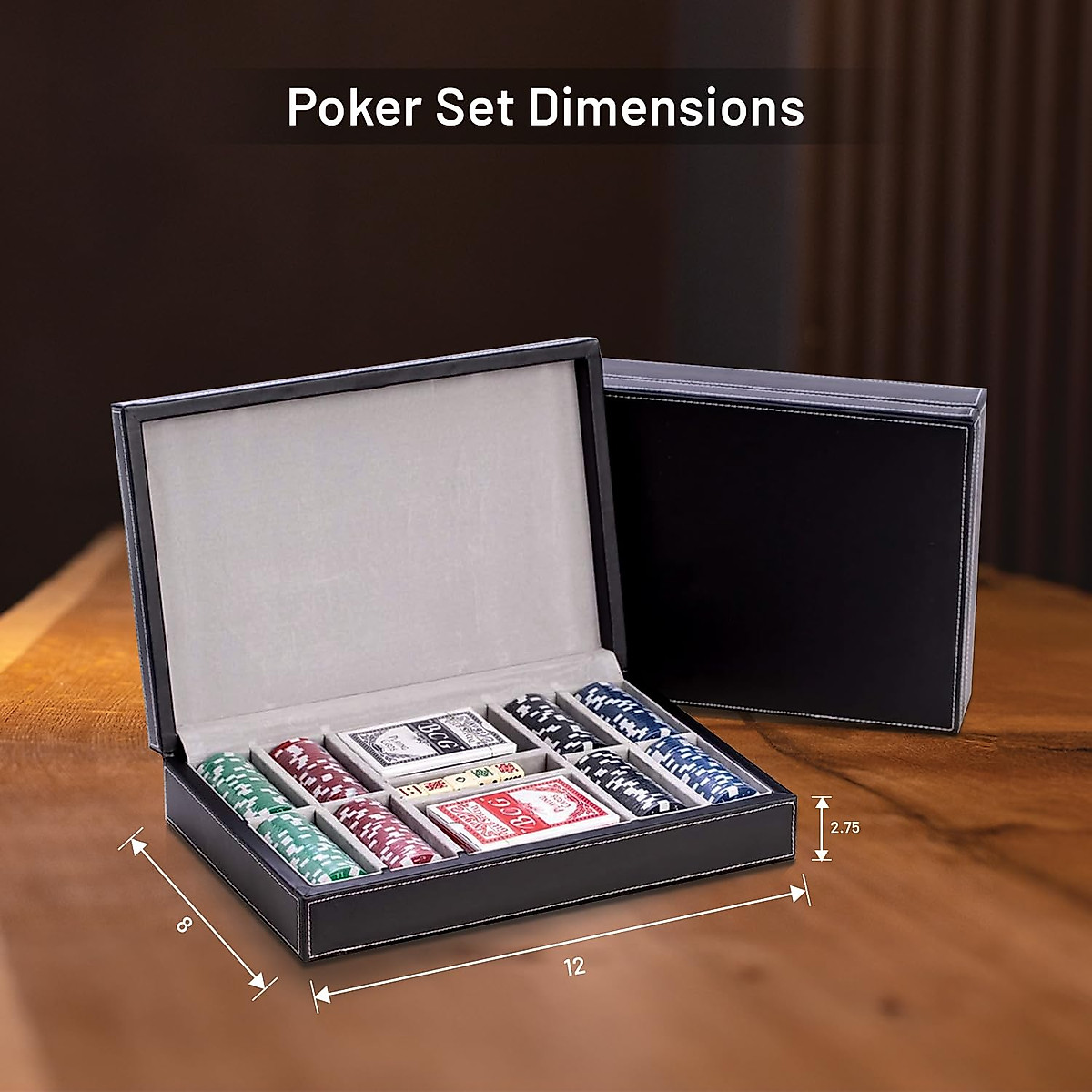 Bey-Berk Custom Personalized Black Leather case with with Playing Cards, Chips, and Poker Dices