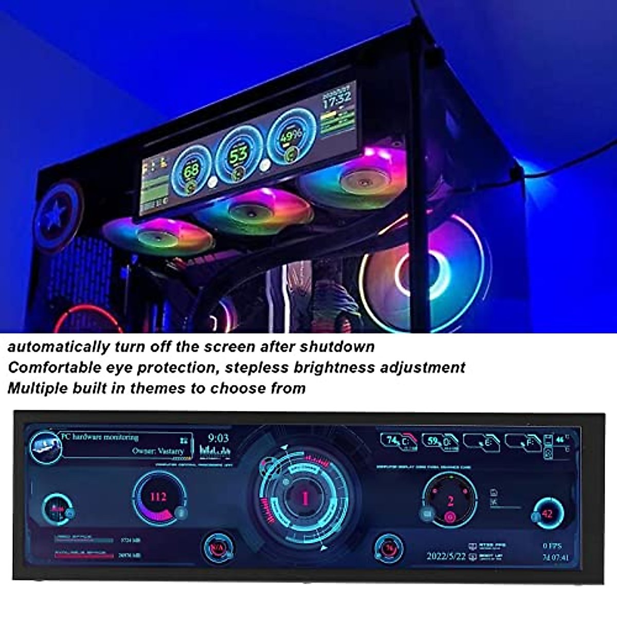 8.8 Inch Mini Monitor, 1920X480 Resolution CPU GPU Data Temperature Display, PC CPU Data Secondary Monitor, Customizable Screen Layout Function Support for RPi for Linux for