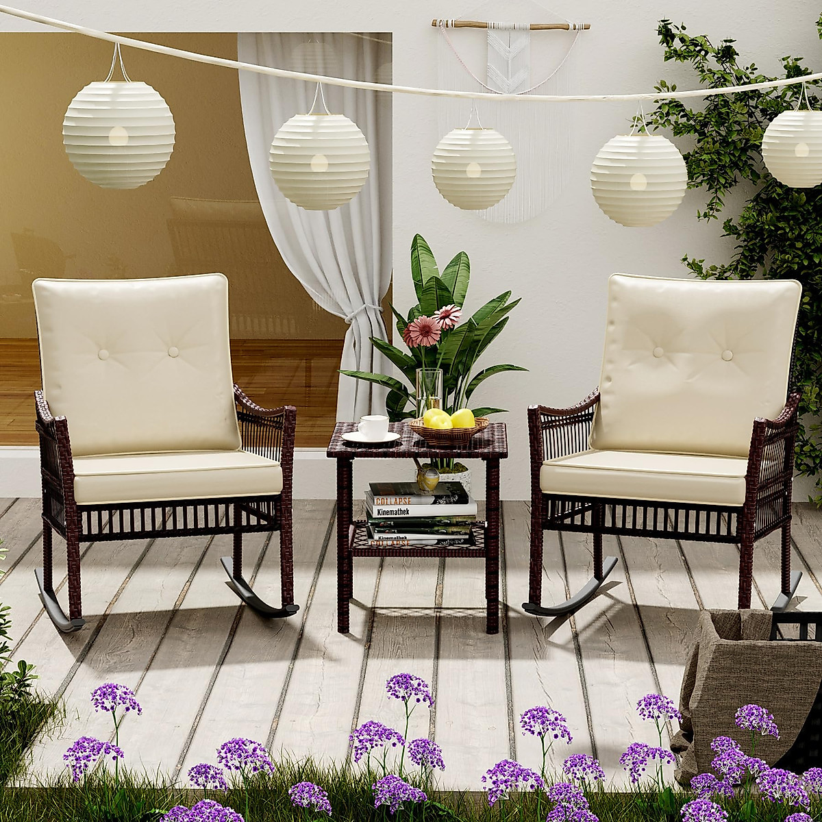 BALDPER 3 PCS Patio Conversation Chair Set with Coffee Table, Rocking Bistro Set, Outdoor Rocking Chairs Set, Wicker Furniture for Porch Deck Garden Poolside, Beige