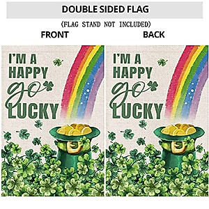 Happy St Patricks Day Garden Flag 12x18 Double Sided,Green Hat with Gold Coin Shamrock Rainbow Small Yard Flag,Spring Saint Patrick Decors for Outside Outdoor Holiday