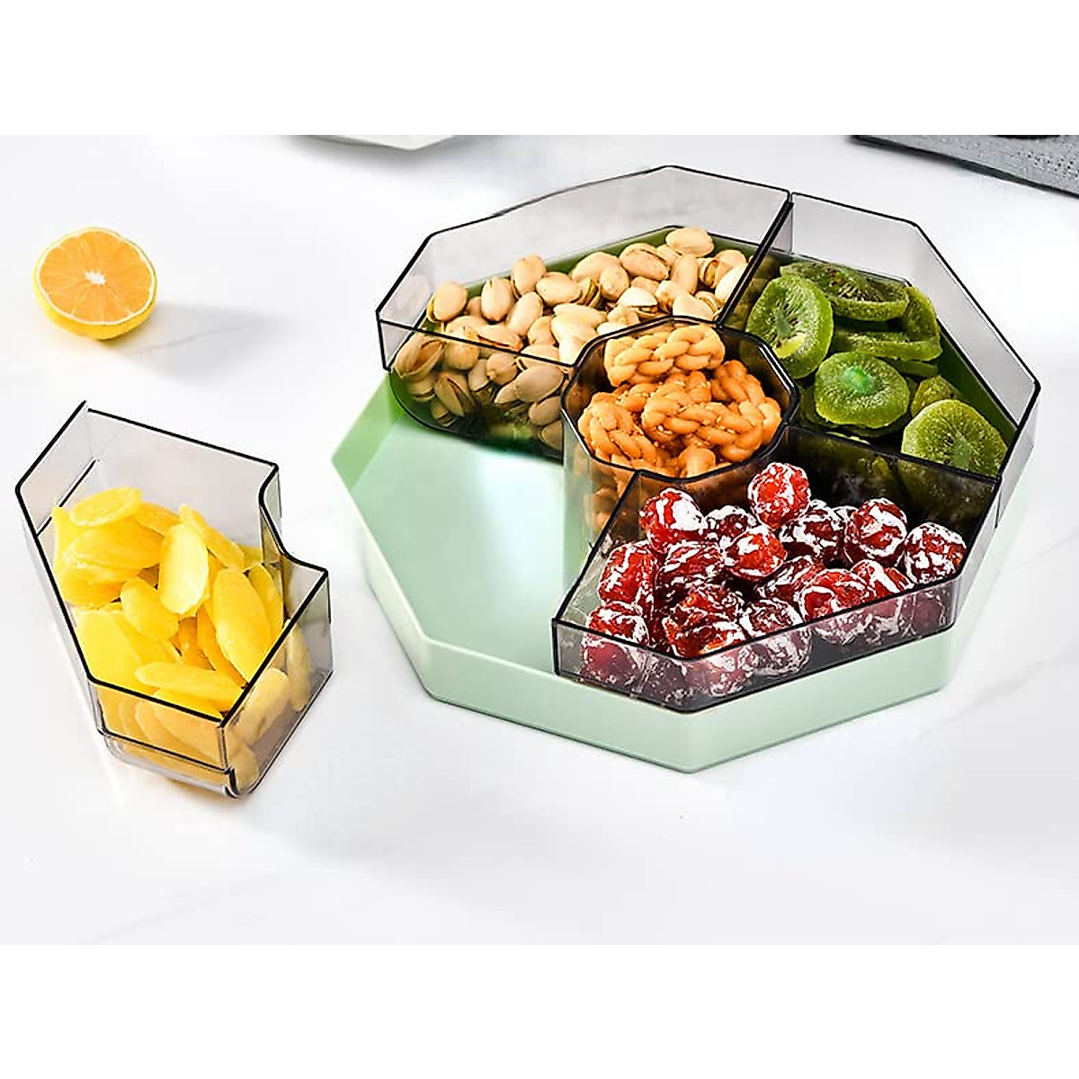 Easy Essentials Food Storage Container Bins, Divided Lazy Susans Turntable Organizer Bins Appetizer Tray, Round Reusable Snack Containers for Compartment Round Plastic Food Storage (Green)