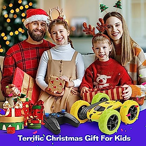 QUNREDA Remote Control Car, RC Car Toys for 6-12 Year Old Boys, Off Road RC Stunt Car 4WD 360° Rotating Remote Control Car for Kids, Boys Girls Gifts for Birthday, Christmas (Yellow&Green)