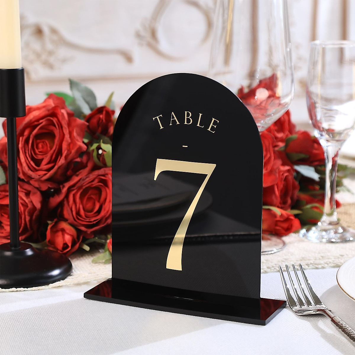 UNIQOOO Black Arch Wedding Table Numbers with Stands 1-30, Gold Foil Printed 5x7 Double Sided Acrylic Signs and Holders, Perfect for Centerpiece, Reception, Decoration, Party, Anniversary, Event