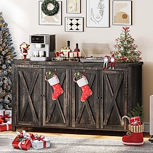 YITAHOME Farmhouse Sideboard Buffet Cabinet with Storage with 4 Doors, 55'' Large Kitchen Storage Cabinet, Wood Coffee Bar Cabinet with Adjustable Shelf for Kitchen, Living Room, Dark Oak