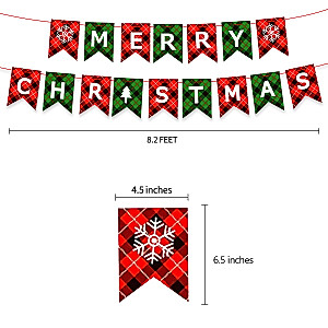 Red&Green Merry Christmas Banner, Christmas Party Decoration,Christmas Plaid Bunting Garland for Outdoor Indoor Hanging Decor and Fireplace Xmas Party Holiday Supplies Decoration