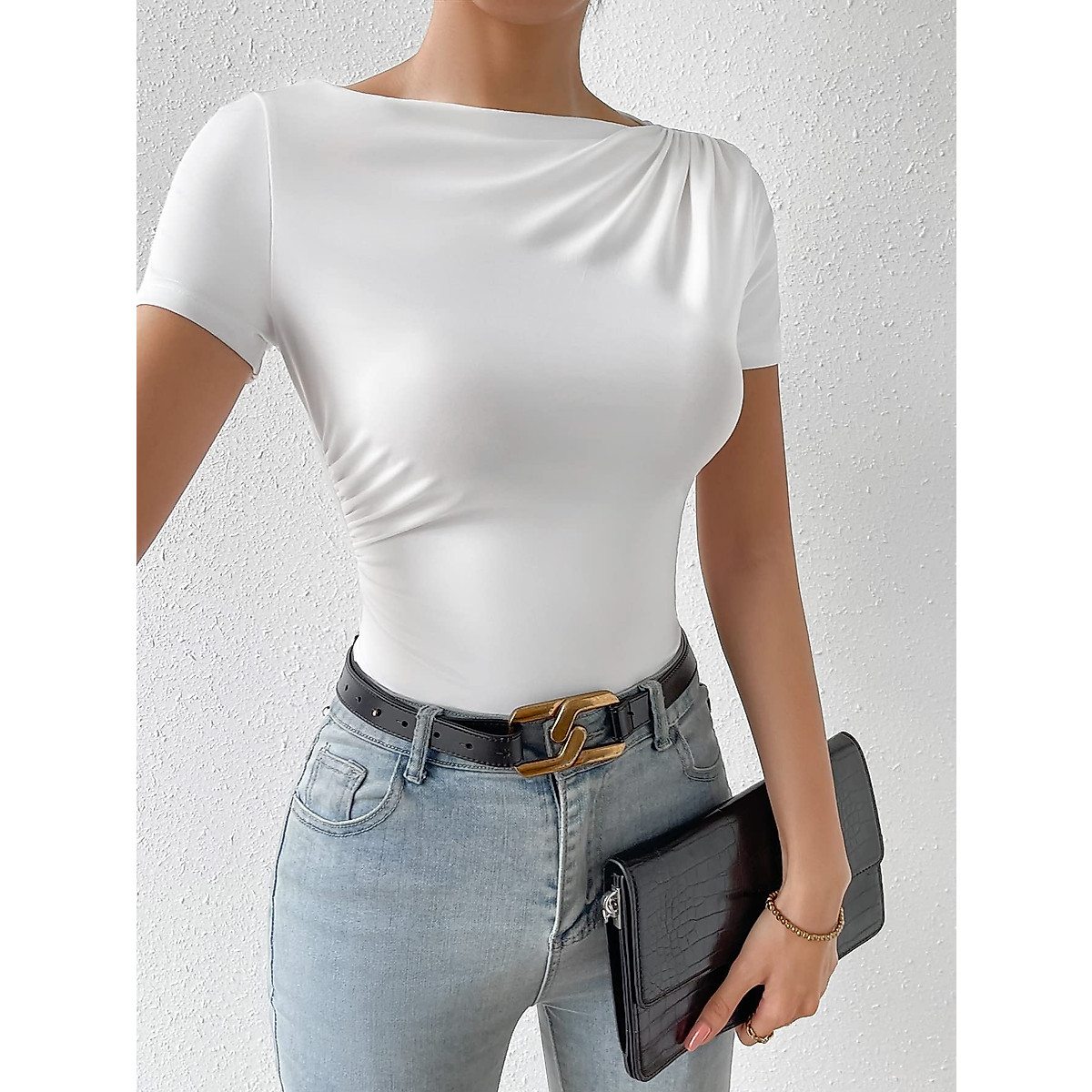 Verdusa Women's Ruched Boat Neck Short Sleeve Slim Fitted Tee T Shirt Top White M