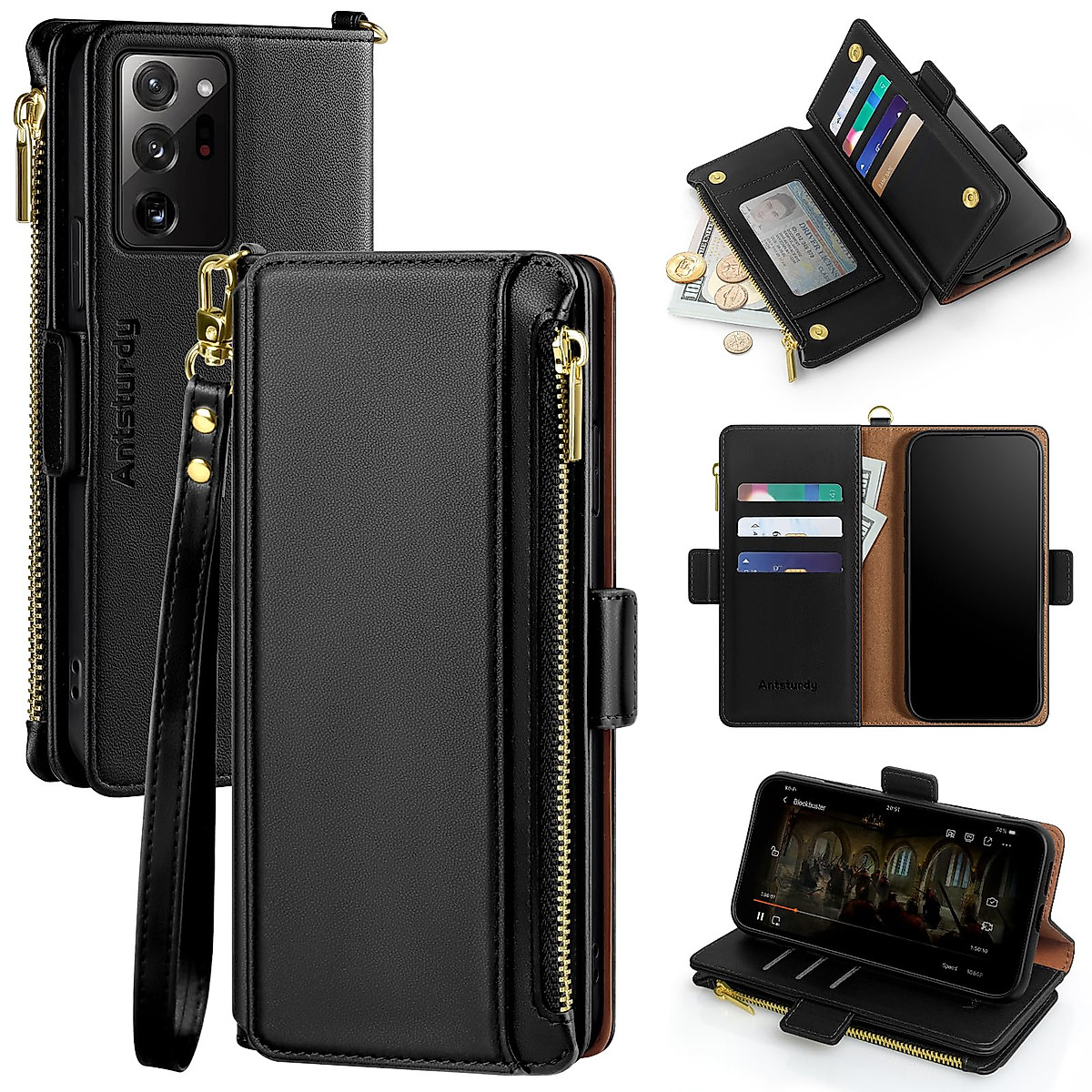 Antsturdy Samsung Galaxy Note 20 Ultra 5G case Wallet with Card Holder for Women Men,Galaxy Note 20 Ultra 5G Phone case RFID Blocking PU Leather Flip Cover with Strap Zipper Credit Card Slots,Black