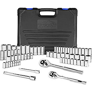 69 Pieces - EPAuto 1/4” & 3/8” Drive Socket Set with Pear Head Ratchet, Chrome (92-824)