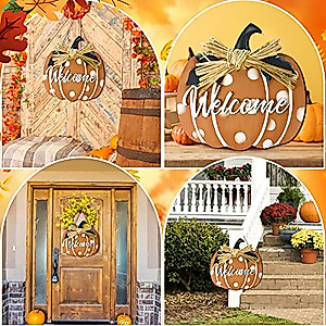 Shellwei Fall Pumpkin Welcome Sign for Front Door Wood Pumpkin Hanging Decor Thanksgiving Wooden Hanger Decorations for Autumn Harvest Farmhouse Home Decor
