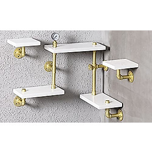 Industrial Retro Wall Mounted Iron Water Pipe Shelf/Bookcase/Shelving – Floating Shelf - Hung Bracket - DIY Storage Bookshelf – Height Adjustable Shelf - Wood Shelf (5-tier wall shelves, gold pipes)